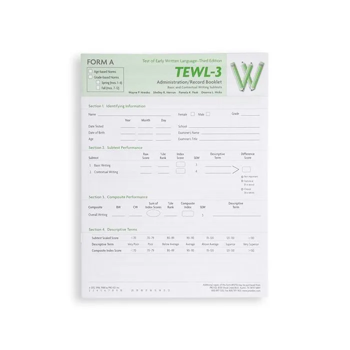 TEWL-3 Administration/Record Booklet Form A (Pack of 10)